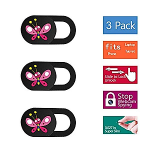 SIREG Webcam Cover Slide 0.027in Ultra Thin Web Camera Cover for Laptops Smartphone PC Tablets for Protecting Your Privacy Security (Butterfly-Black & 3 Pack)
