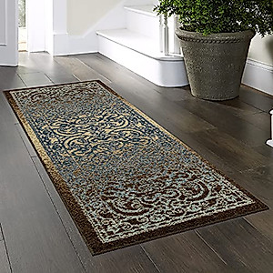 Maples Rugs Pelham Vintage Runner Rug Non Slip Hallway Entry Carpet [Made in USA], 2 x 6, Blue/Walnut