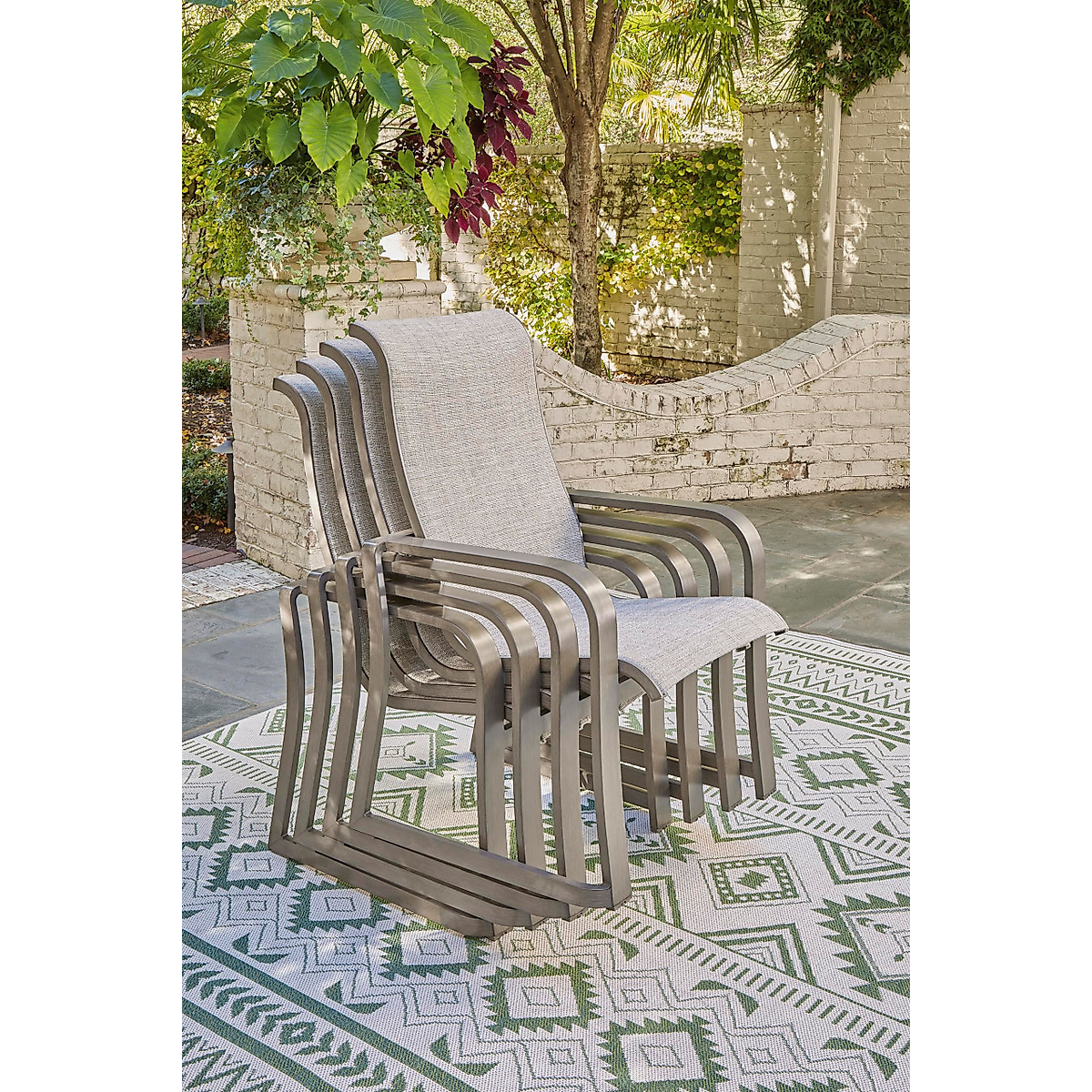 Signature Design by Ashley Beach Front Casual Outdoor Stackable Faux Leather Sling Arm Chair, Set of 4, Light Brown
