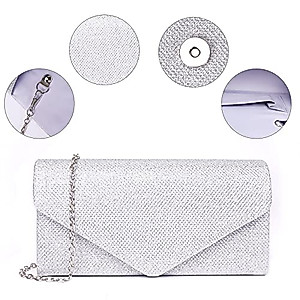 Larcenciel Silver Clutch Purses for Women Evening, Sparkly Envelope Clutch Evening Bag w/Chain, Elegant Crossbody Shoulder Handbag, Shiny Party Prom Purse Bride Wedding Guest Clutch Dress Carry on Bag