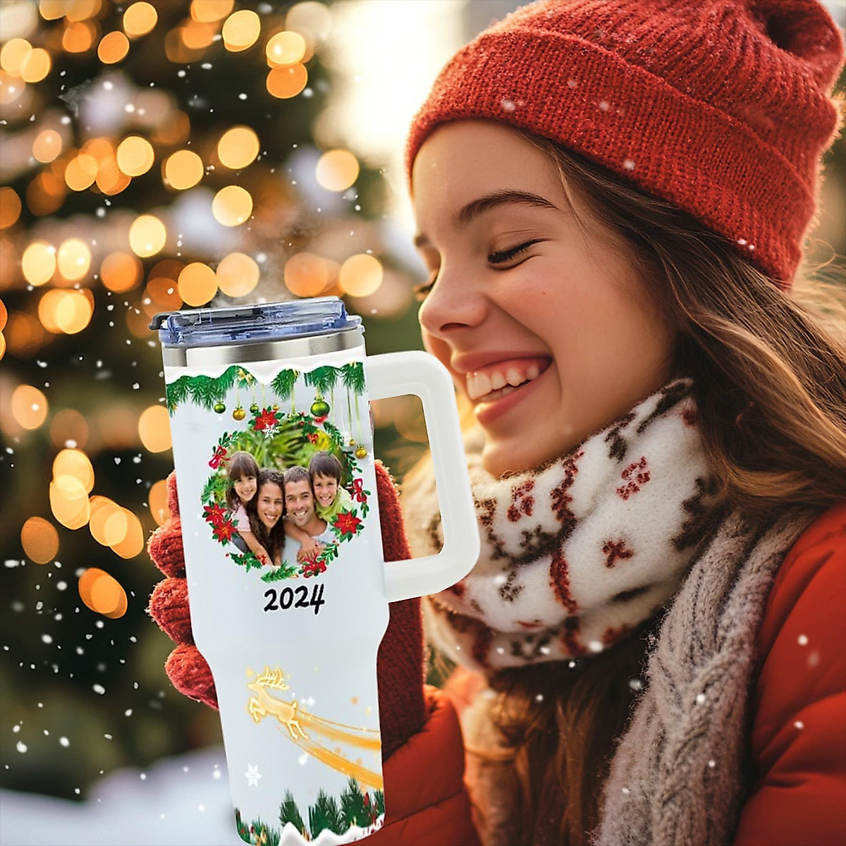 Custom Christmas Garland Tumbler - Personalized Name,Photo 40 Oz Tumbler with Handle Straw Lid,Insulated Xmas Tumbler Coffee Mug Stainless Steel Travel Mug Holiday Gifts for Kid Boy Girl Family