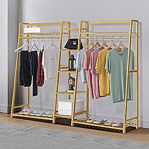 MoNiBloom Bamboo Coat Rack with 5-Tier Storage Shelves Trapezoid Freestanding Garment Rack Clothes Hanging Rack Stand for Bedroom Living Room, Natural
