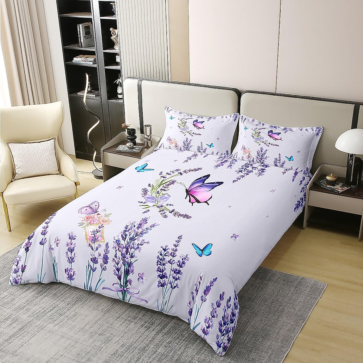 Manfei Lavender 100% Organic Cotton Comforter Cover Purple Flower Butterfly Duvet Cover Set Queen Size for Bedroom Botanical Floral Wild Plants Bedding Set with 2 Pillowcases
