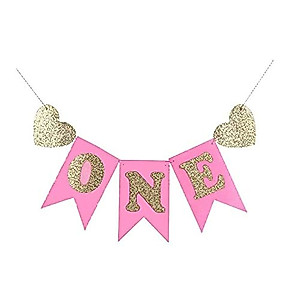 Hongkai Pink Glitter Gold 1st Birthday Highchair Banner Girl Baby Birthday ONE Banner One High Chair Sign Baby First Birthday One Photo Prop Party Decorations
