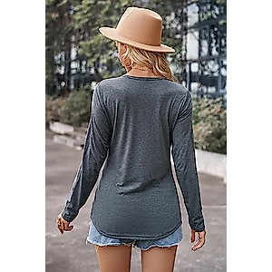 KILIG Women's Basic Long Sleeve Henley Shirts V Neck Button T Shirt Casual Plain Tops Slim Fit for Autumn Winter(D5-Dark Gray,Small)