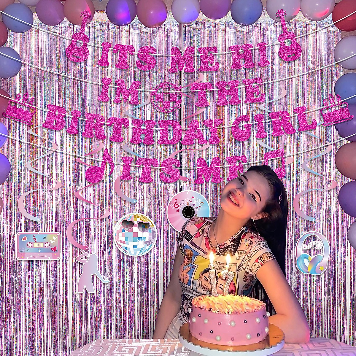 Glitter Popular Birthday Party Decorations Set - NO DIY - Its Me Hi Im The Birthday Girl Its Me Banner & Hanging Swirls & Foil Fringe Curtain for Pink Girls Fans Singer Birthday Party