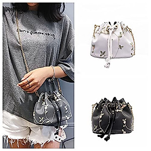 Women Crossbody Bucket Bag Mini Drawstring Shoulder Bags Travel Tote Handbags Casual Purse Satchels with Flower Embroidery
