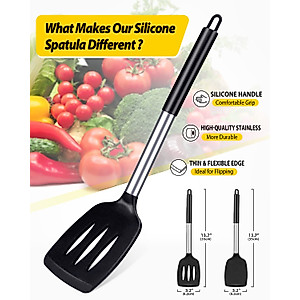 Pack of 2 Silicone Solid Turner ,Non Stick Slotted Kitchen Spatulas ,High Heat Resistant BPA Free Cooking Utensils ,Ideal Cookware for Fish ,Eggs ,Pancakes (Black)