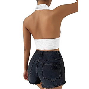 SOFIA'S CHOICE Women's Textured Deep V Neck Halter Tops Sexy Backless Sleeveless Crop Tank Top Cami White Small