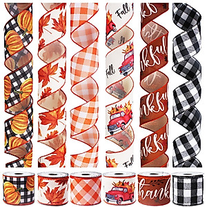 Fall Ribbon Wired 2.5In X 90Feet(6 Roll x 15 Ft),Fall Pumpkin/Truck/Thankful/Maple Leaves/Buffalo Plaid Burlap Ribbons,Farmhouse Fall Ribbon with Wire for Wreath Bows Autumn Thanksgiving Decor