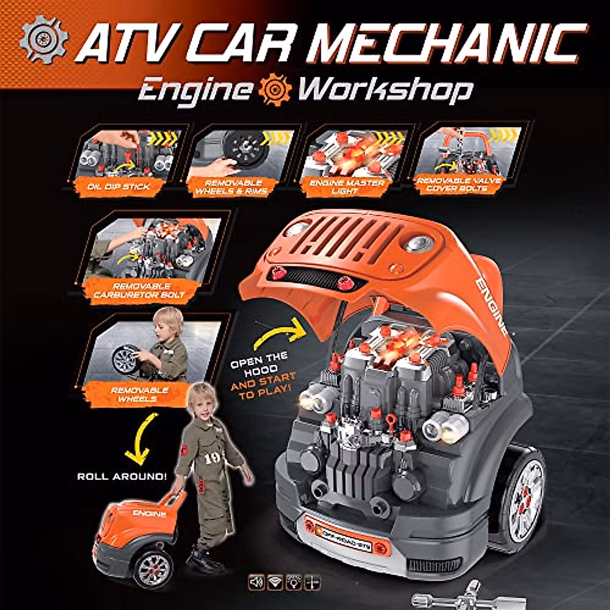 The Bubble Factory ATV Car Mechanic Engine Workshop Remote Control Car with Lights and Realistic Sound Effects - 3 Years+