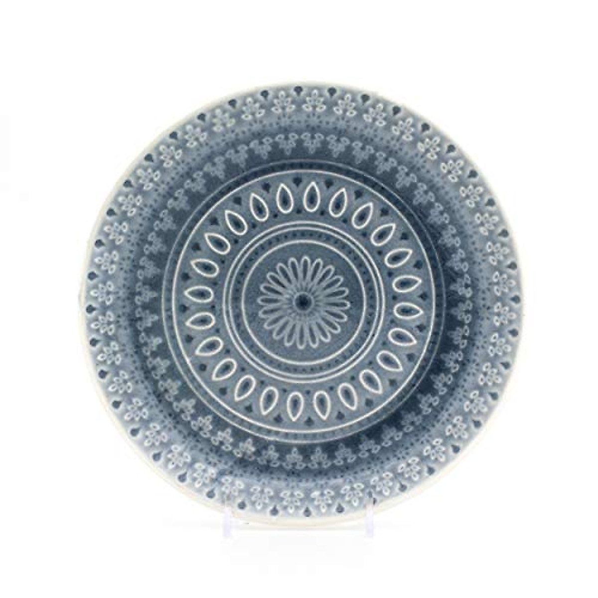 Euro Ceramica Fez 16 Piece Double Bowl Stoneware Reactive Crackleglaze Dinnerware Set, Service for 4, Teardrop Medallion Design, Grey