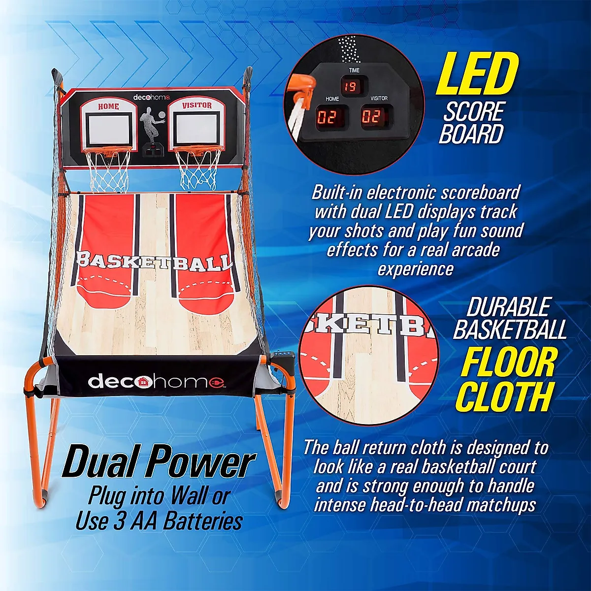 Deco Home Arcade Basketball Game with Dual Rim Backboard, Includes Electronic Tracking LED Scoreboard with 8 Game Modes for 1-4 Players, 5 Game Balls, Air Pump, Folding Assembly for Easy Storage