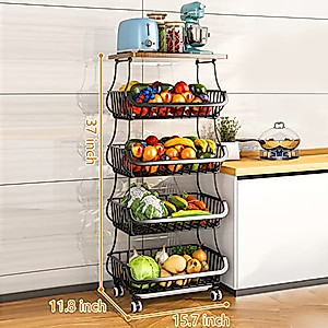 Seed Spring 5 Tier Fruit Basket – Stackable Wire Basket Cart with Rolling Wheels – Fruits Vegetable Kitchen Storage Cart Pantry Laundry Organizer – Black
