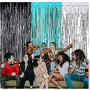Graduation Decorations 2023 Turquoise Black Silver Foil Fringe Curtains for 2023 Turquoise Graduation Party Photo Backdrop/Women Birthday Decorations