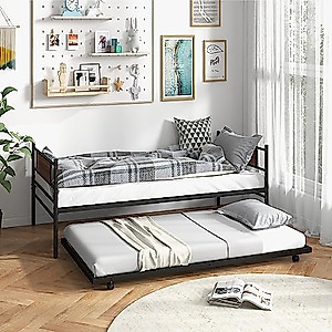 Giantex Metal Daybed with Trundle, Twin Size Day Bed with Wood Grain Headboard & Metal Slat Support, Space-Saving Trundle Sofa Bed for Living Room Guest Room, Easy Assembly, No Box Spring Needed