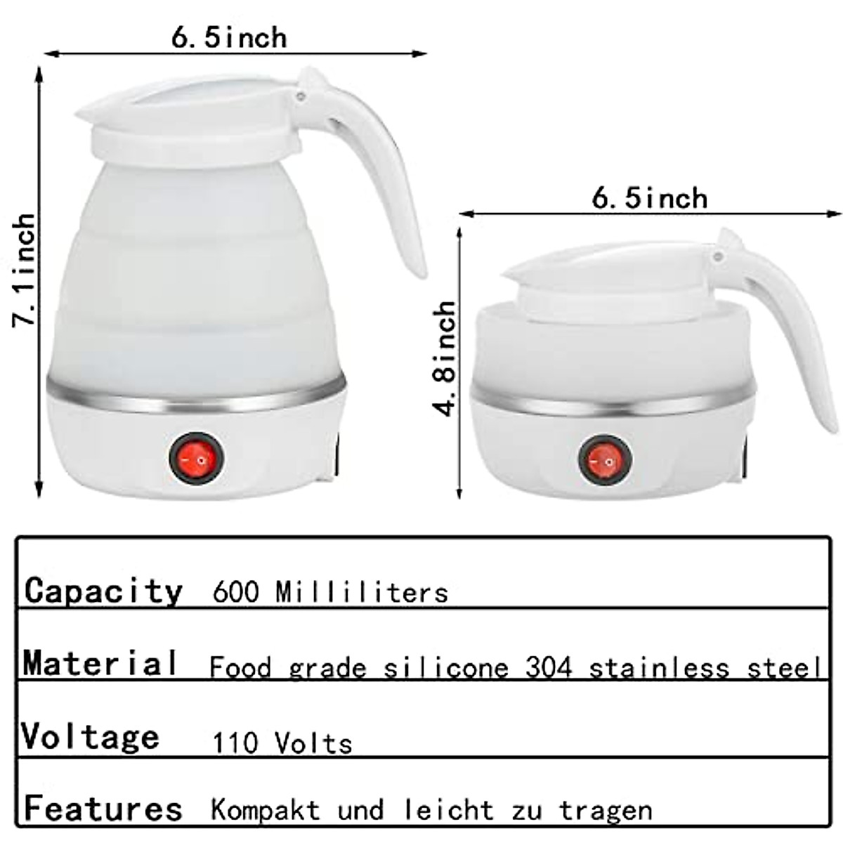 Travel Kettle Electric Small Foldable Portable Kettle,Silicone Collapsible Heating Water Boiler Tea Pot for Camping,Easy for Storage with Separable Power Cord (White)