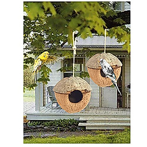 PINVNBY Natural Coconut Bird Hide Nest Hut House Coconut Shell Breeding Bird Nest Coconut Fiber Hanging Birdhouse Cage Habitats Decor for Pet Parrot Budgies Parakeet Lovebird Finch Canary(2 Packs)
