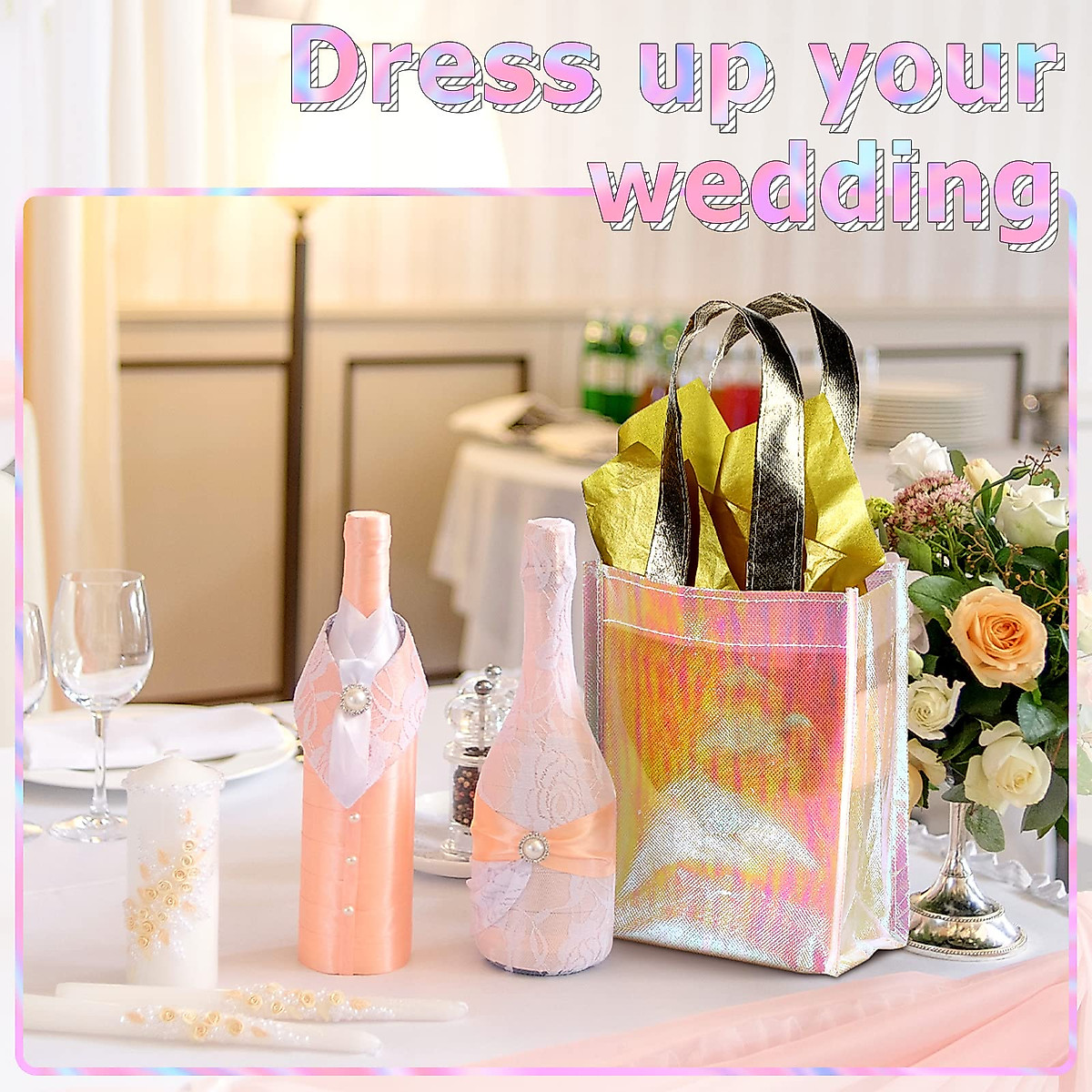 Jutom 20 Pieces Iridescent Gift Bags Bulk Reusable Tote Bag Party Favor Bags with Glossy Finish Birthday Gift Bags with Handles for Christmas Party Wedding(6 x 3 x 8 Inch,Pink)