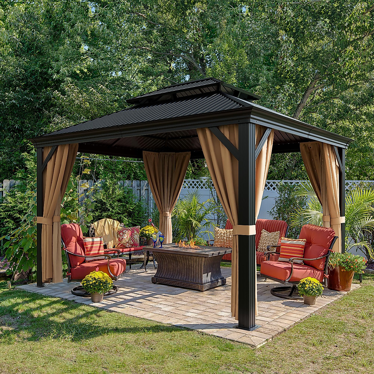 Flamaker Hardtop Gazebo 10' x 12' Aluminum Frame Outdoor Gazebo with Privacy Curtains and Gauze Mesh Sunshade Pavilion Double Roof Canopy for Patio, Lawn, Deck, Poolside