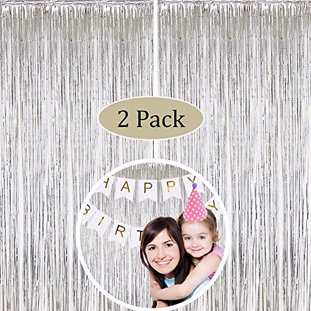 Moohome 2 Pack Silver Foil Fringe Curtain, Fringe Backdrop Curtains for Birthday Wedding Engagement Bridal Shower Bachelorette Party Decorations