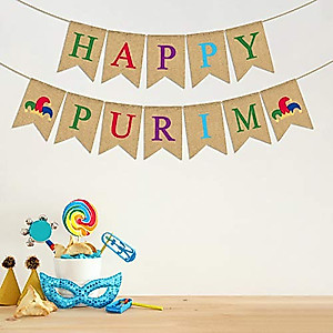 Rainlemon Burlap Happy Purim Banner Rustic Jewish Carnival Holiday Mantle Fireplace Decoration