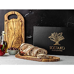 SOLTAKO Olive Wood Cutting Steak Board, Wooden Charcuterie Board, Large Cheese Board, Hand Made Serving Platter, Rustic Chopping Board with Juice Groove, Chopping Board with Handle (17,7")