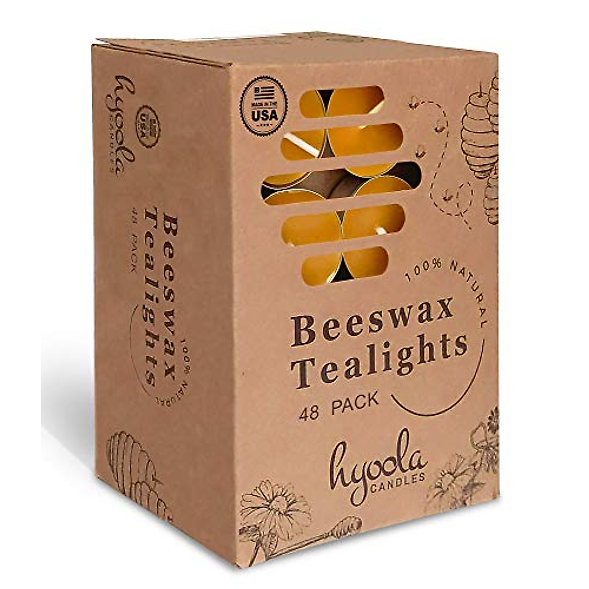 HYOOLA Beeswax Tealight Candles in Aluminum Cup - 48 Pack - 100% Pure Natural Beeswax Candles