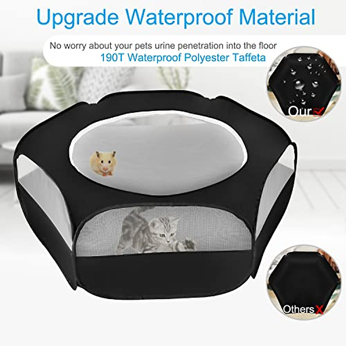 XIRGS Small Animal Playpen, Waterproof Small Pet Cage Tent Portable Outdoor Exercise Yard Fence with Top Cover Anti Escape Yard Fence for Kitten/Cat/Rabbits/Bunny/Hamster/Guinea Pig/Chinchillas