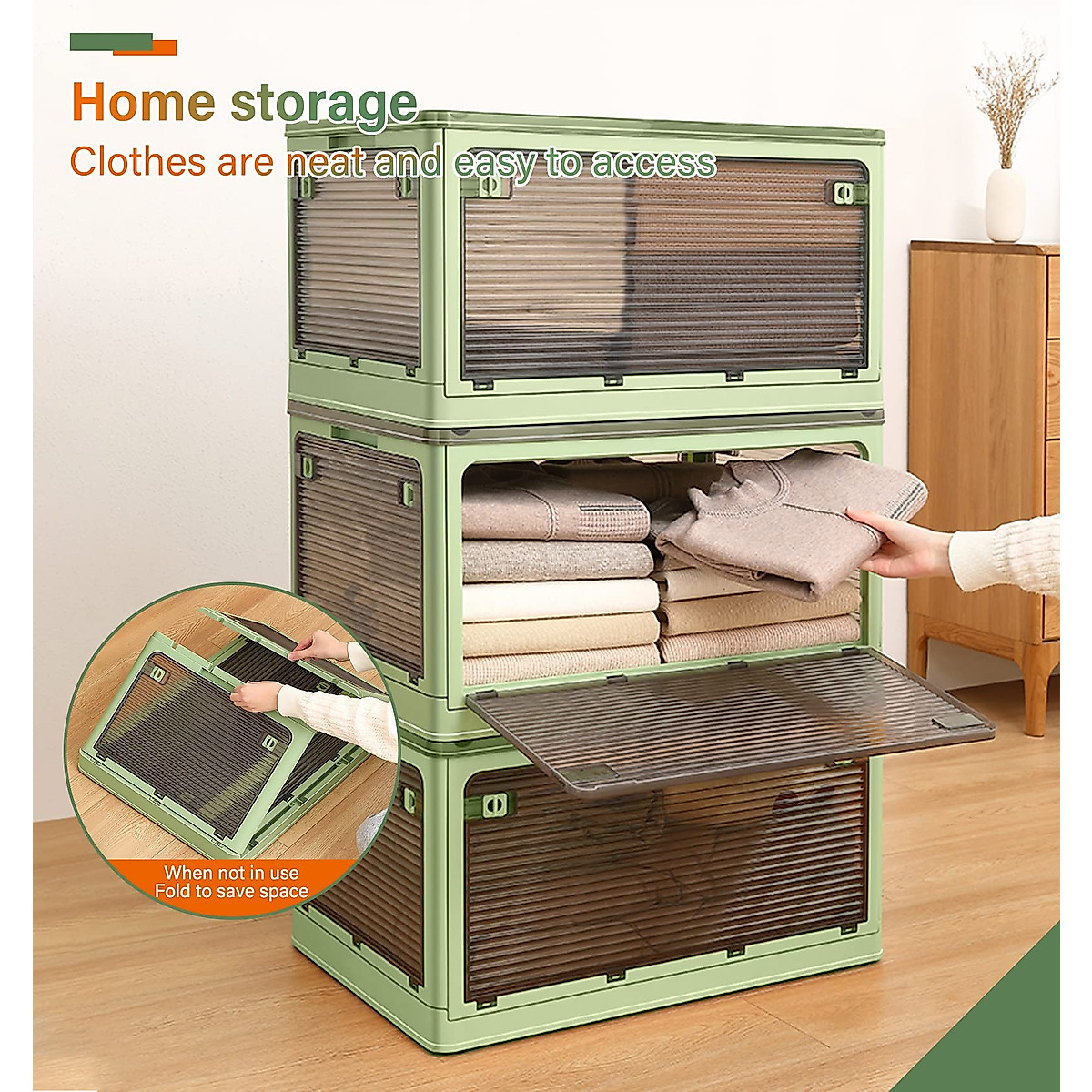 ACPOP Closet Organizers and Storage, 15Gal Collapsible Storage Bins with Lids, Stackable Storage Box, Plastic Foldable Container Trunk Car Organizer for Home, Ofiice, Camping(GREEN, 1Pcs)