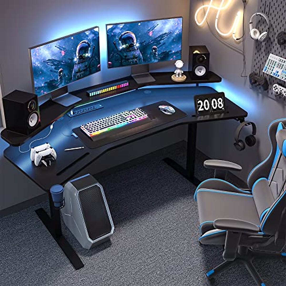 Melodyblue Gaming Desk with LED Lights, 63" Wing-Shaped Computer Desk with RGB Mouse Pad, Power Outlets, Monitor Stand, Headphone Hook, Cup Holder, Ergonomic Studio Desk, Gaming Table, Black