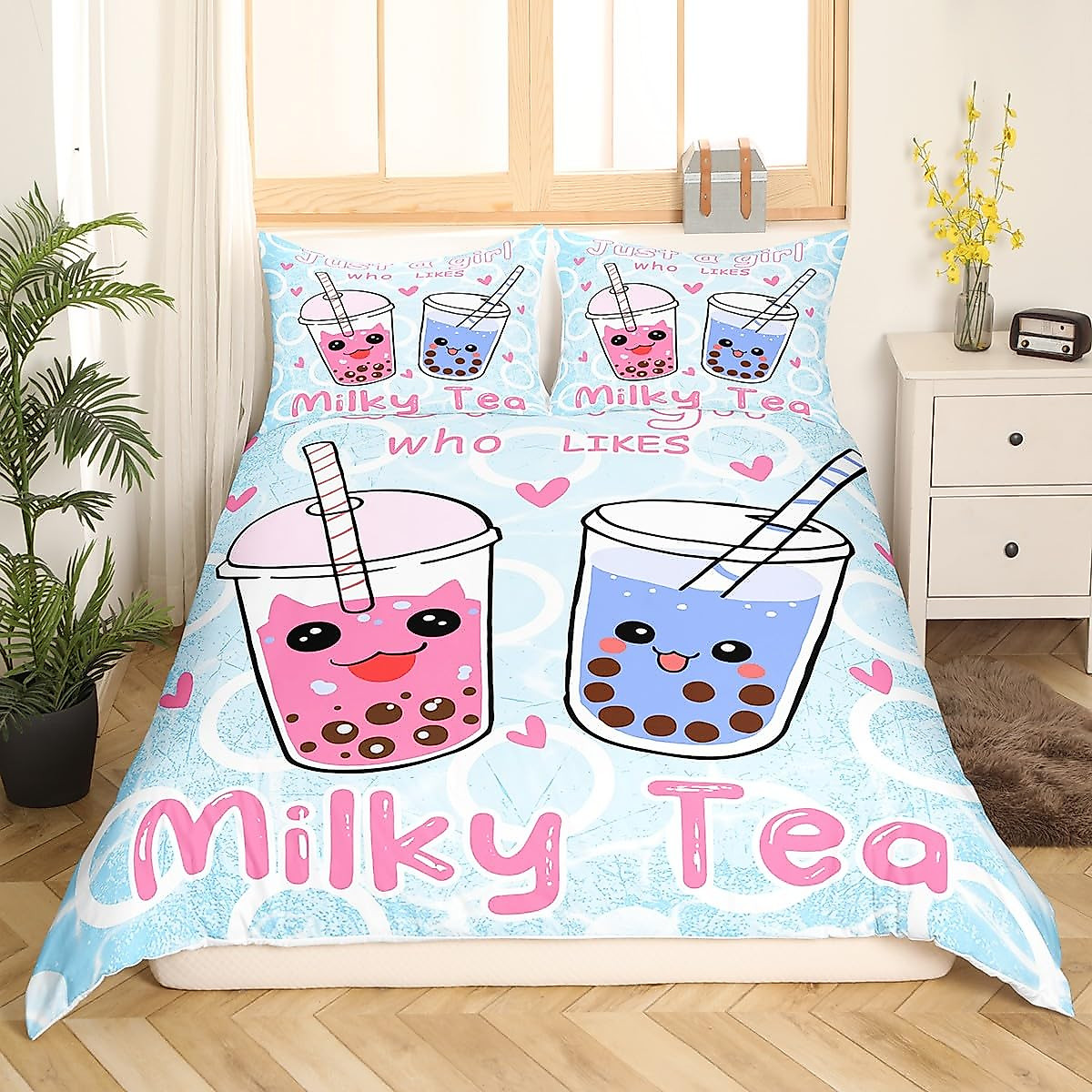 Boba Duvet Cover Girl Loves Boba Comforter Cover Kawaii Bubble Tea Stuffed Bedding Set for Kids Adults Cartoon Boba Bedspread Cover Full Size Bedclothes Zipper (No Comforter)