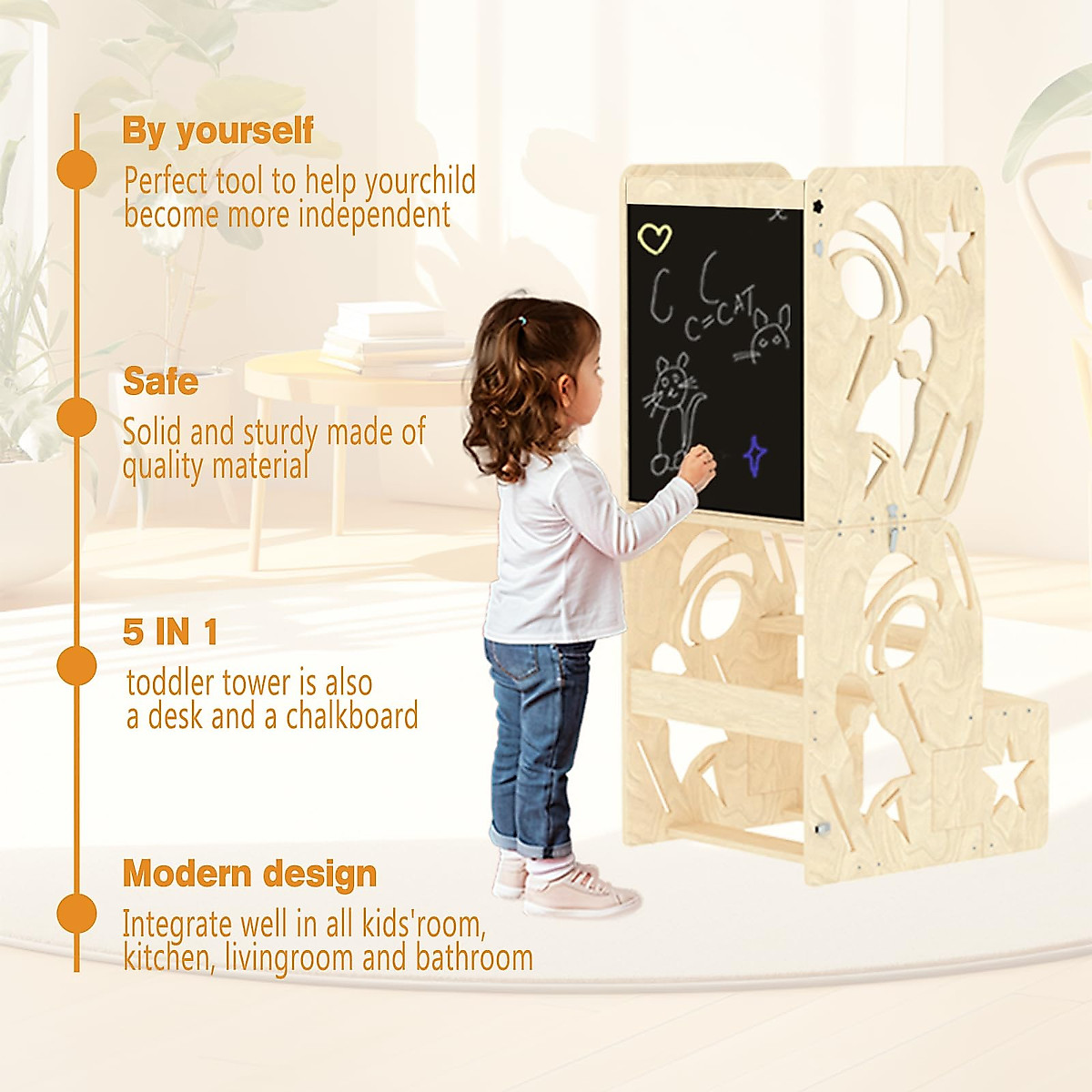 5-in-1 Toddler Tower, Children's Helper Stool, Montessori Toddler Standing Tower, Foldable Toddler Learning Tower, Natural Wooden, White, and Black Activity Chalkboard
