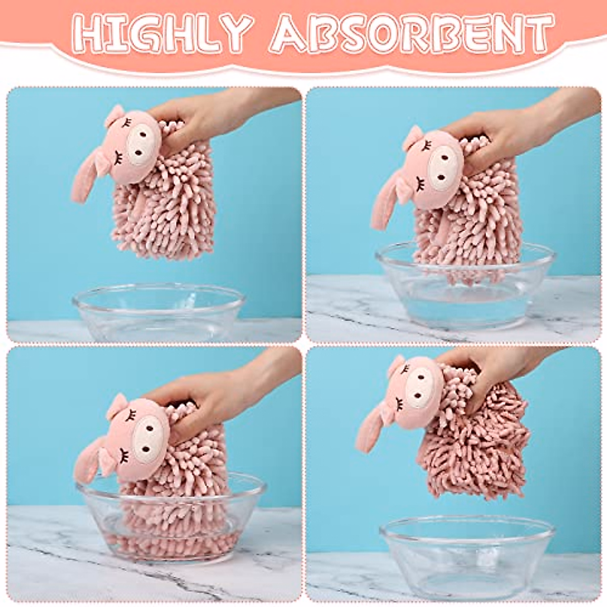 9 Pack Cute Chenille Soft Hanging Hand Towels, Funny Cartoon Animal Hand Towel with Hanging Loop, Kids Hand Towel Set Absorbent Thick Kitchen Bathroom Towels Bulk, 5 Colors