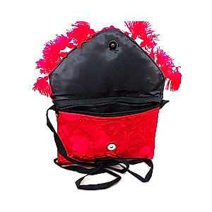 Floral Embroidered Pom Tassel Fringe Slim Envelope Clutch Purse Crossbody Strap Bag - Women Fashion Handmade Boho Accessories (Red)