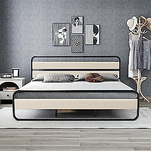 NNV King Bed Frame with Upholstered Linen Headboard and Footboard, Steel Slats Mattress Foundation Round Pipe Design, No Box Spring Needed, Beige