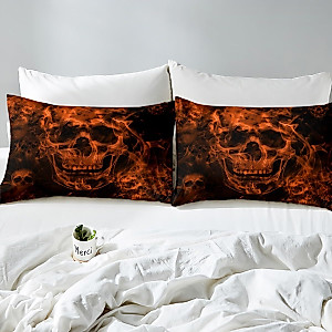 Feelyou Sugar Skull Bedding Set Twin Size Gothic Skull Comforter Cover Set for Kids Teens Adults Halloween Themed Duvet Cover Smokey Orange Black Bedspread Cover Room Decor 2Pcs with 1 Pillow Case