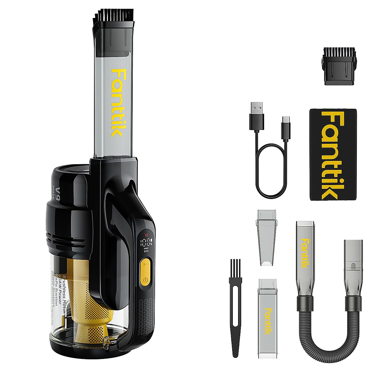 Fanttik RobustClean™ V9 Mate Cordless Car Vacuum, 13kPa/40AW, Handheld Vacuum with Various Attachments, 2-Hour Fast Charge, Lightweight Cordless Vacuum with LED-Display&Light, for Car Home Cleaning