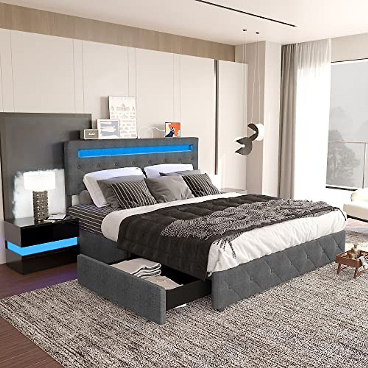 HOMFAMILIA Queen Bed Frame with Headboard and Drawers, LED Bed Frame with Adjustable Storage & LED Lights Headboard, Upholstered Platform Bed with 2 USB Ports, No Box Spring Needed, Dark Grey