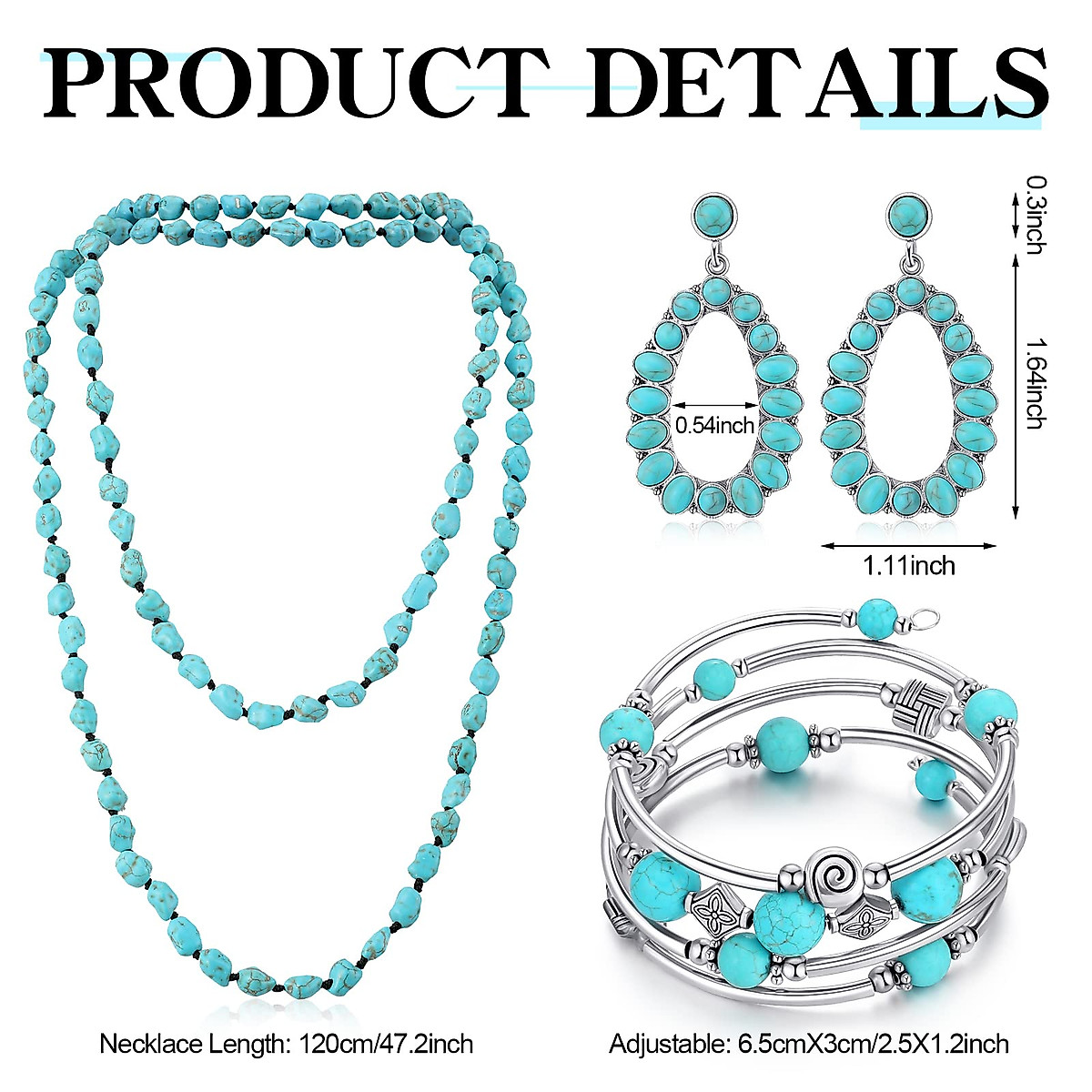 Janmercy 11 Pcs Bohemian Turquoise Jewelry Set Western Jewelry for Women Turquoise Necklace Turquoise Bracelet Earrings and Rings (Stylish Style)