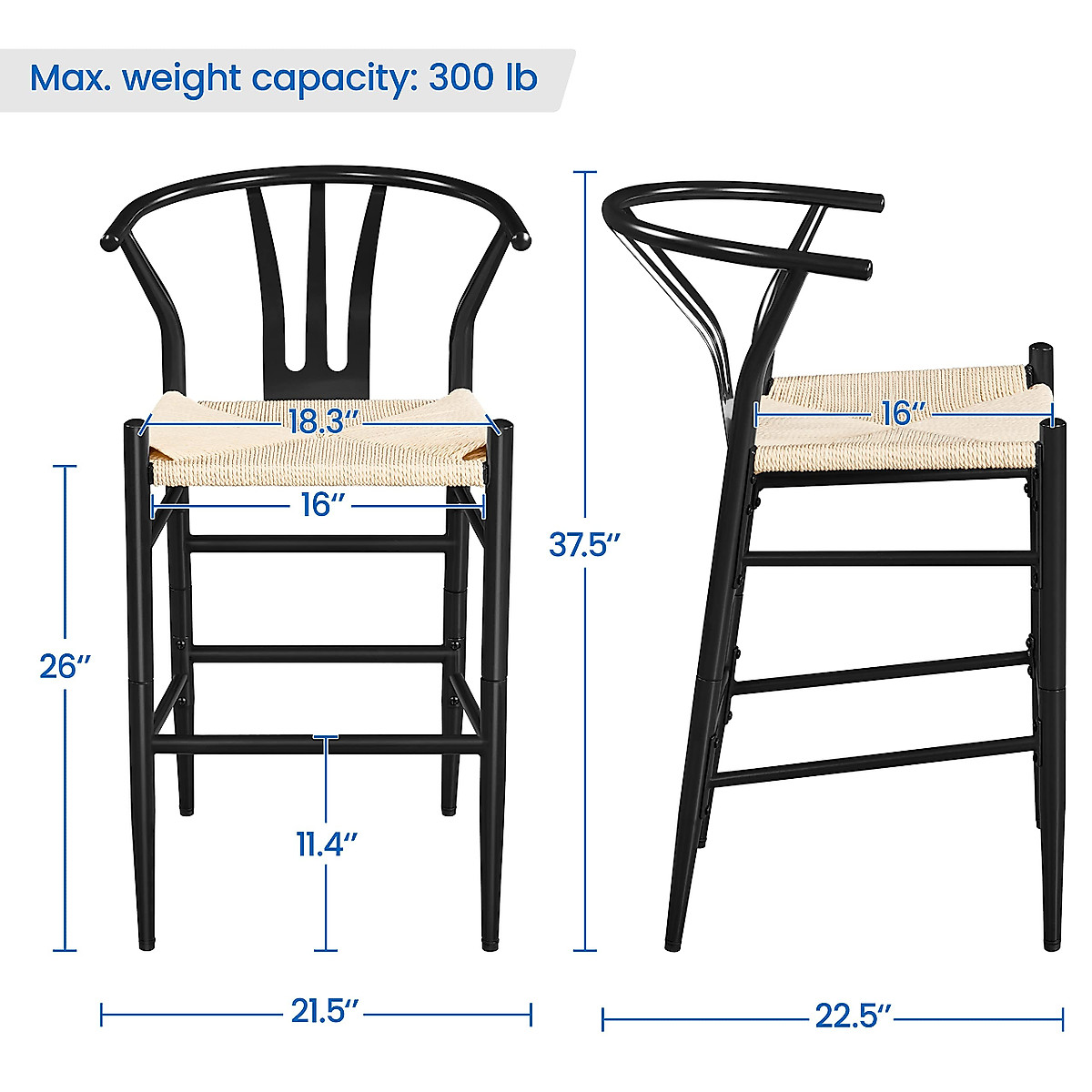 Yaheetech 26'' Weave Counter Stools Set of 4 Barstool Mid-Century Modern Metal Bar Stool Counter-Height Stool Slat Backrest Dining Chair, Black