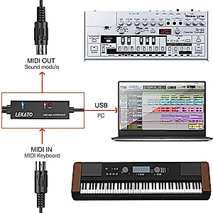 LEKATO USB MIDI Cable, MIDI to USB Cable 6.5Ft with Input & Output Connecting with Keyboard, Synthesizer for Editing & Recording, Midi to USB for Laptop Computer Windows and Mac