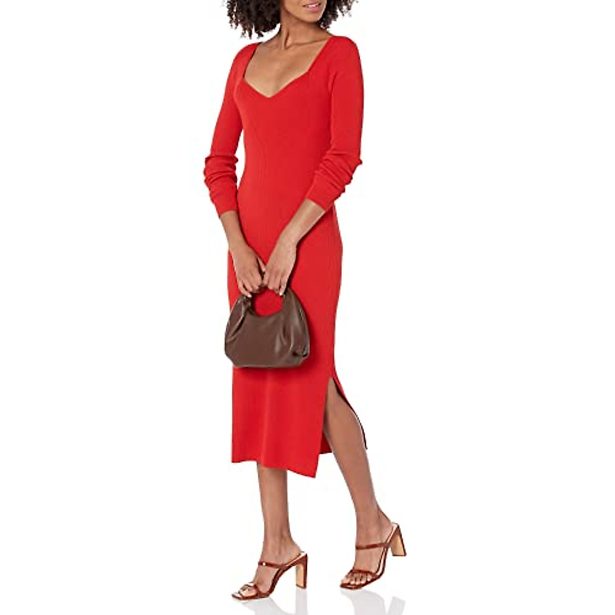 The Drop Women's Cameron Ribbed Sweetheart Neckline Midi Sweater Dress, Lava red, M