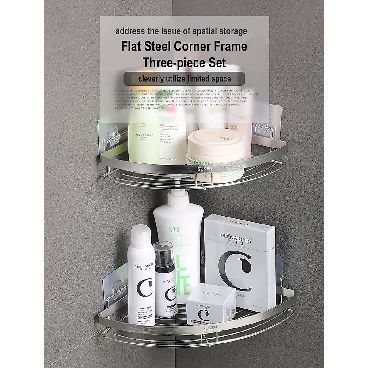 Corner Shower Shelves Stainless Steel, Bathroom Shower Caddy Corner, Adhesive Shower Caddy Basket Rack with Hooks, Rust Proof for Bathroom Shelf Shampoo Holder, for Toilet, Dorm and Kitchen, Silver