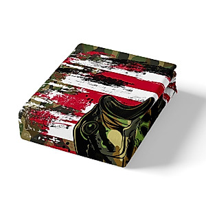 Camo Pike Fish Bed Sheet Set Camouflage American Flag Bass Big Fish Fitted Sheet Fishing and Hunting Bedding Set Fisherman Bedroom Decor Military Bed Cover Queen Size with 2 Pillow Case