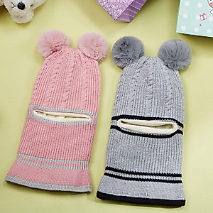 2 Pieces Kids Hood Scarf Kids Knit Hat Winter Thick Earflap Skull Caps for Boy Girls (Pink, Gray)