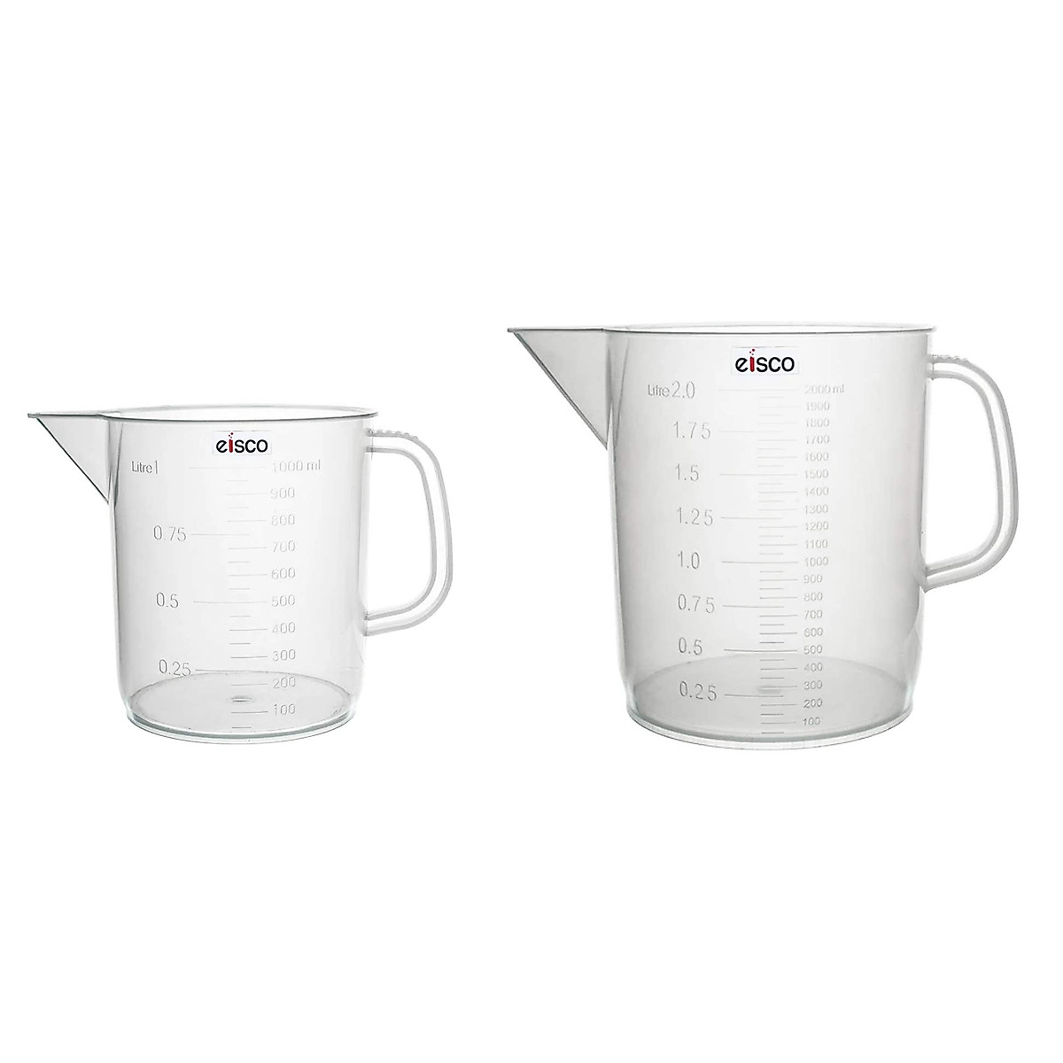 EISCO 2pcs Plastic Pitcher Set, 1000mL & 2000mL (1L & 2L) - Short Form, Euro Design - Molded Graduations - Chemical Resistant & Autoclavable Polypropylene - Measuring Jug