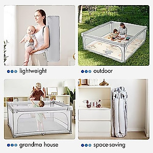 Sweeby Baby Playpen, Portable Foldable Baby PlayPens for Babies and Toddlers with Gate, 59x59 Large Baby Play Yards with Door, Indoor & Outdoor Playpen, Light Grey