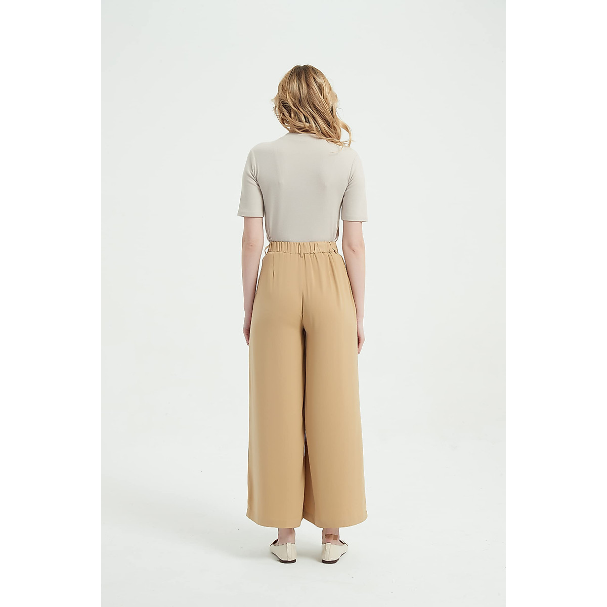 Tronjori Women High Waist Casual Wide Leg Long Palazzo Pants Trousers Regular Size(L, Sand)