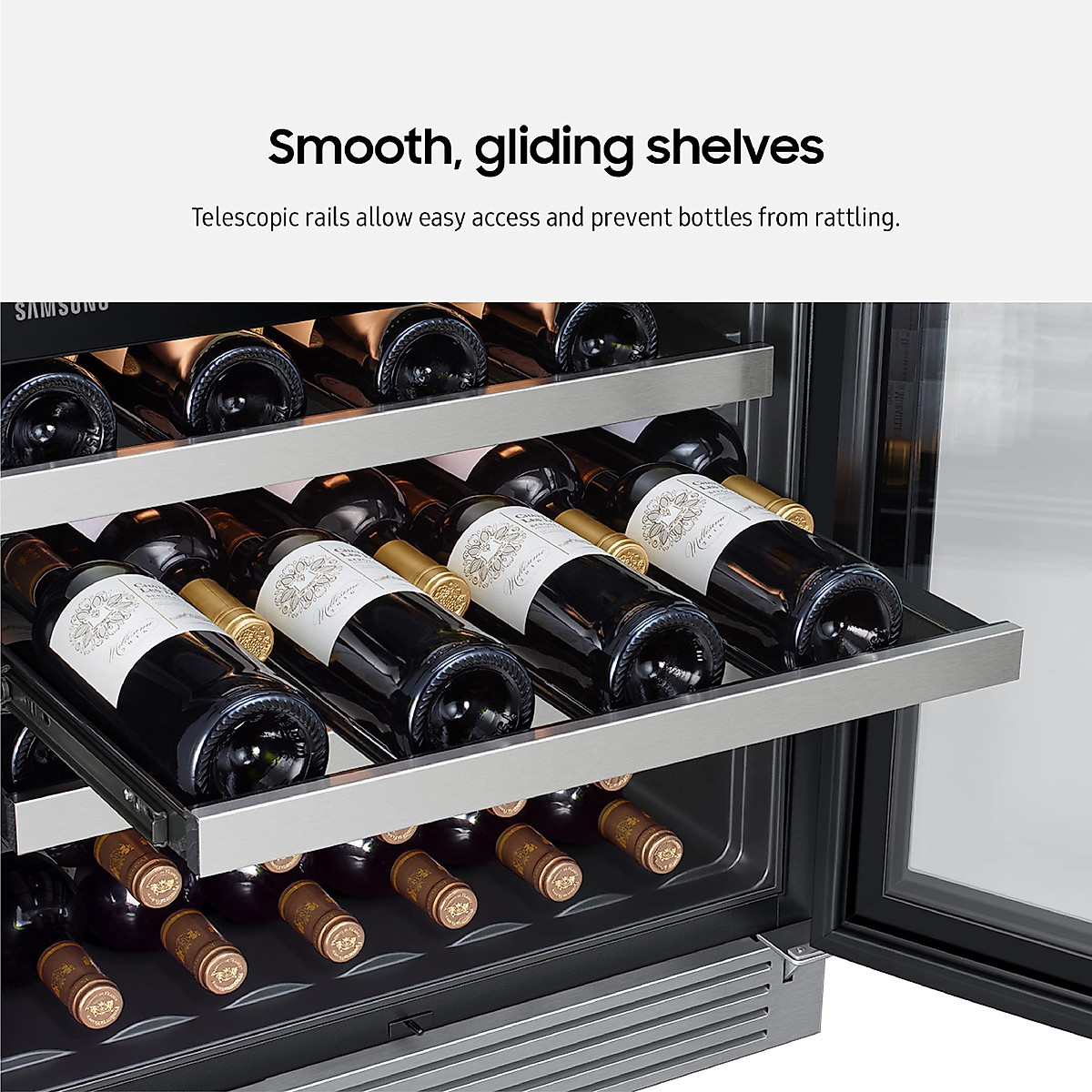 SAMSUNG 34-Inch Wine Cooler Refrigerator, 51 Bottle Capacity, Freestanding, Under Cabinet Fridge w/ Dual Temperature Zones, LED Lighting, Fingerprint Resistant, RW51TS338SR/AA, Stainless Steel